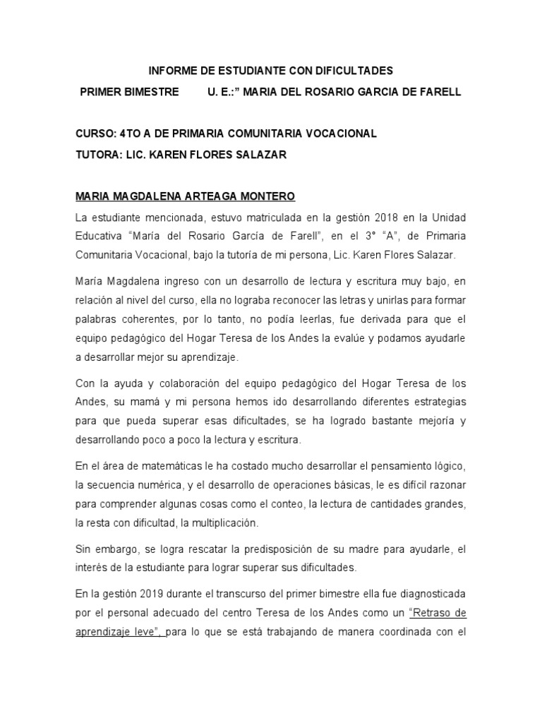 Informe de Estudiante Con Dificultades 1er | PDF | Enseñanza de ...