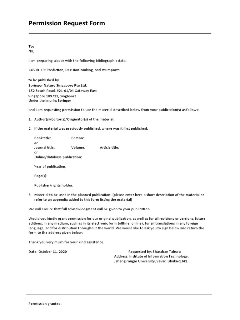 Permission Request Form (Springer) | PDF