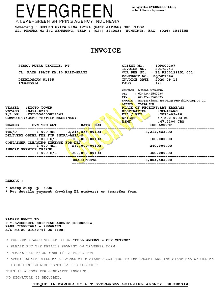 Invoice: P.T.Evergreen Shipping Agency Indonesia | PDF | Indonesian ...