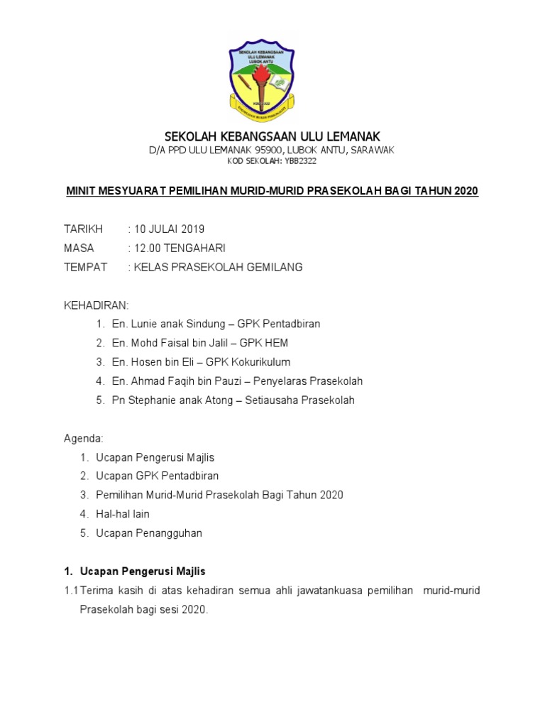 Minit Mesyuarat Pemilihan Murid Pra | PDF