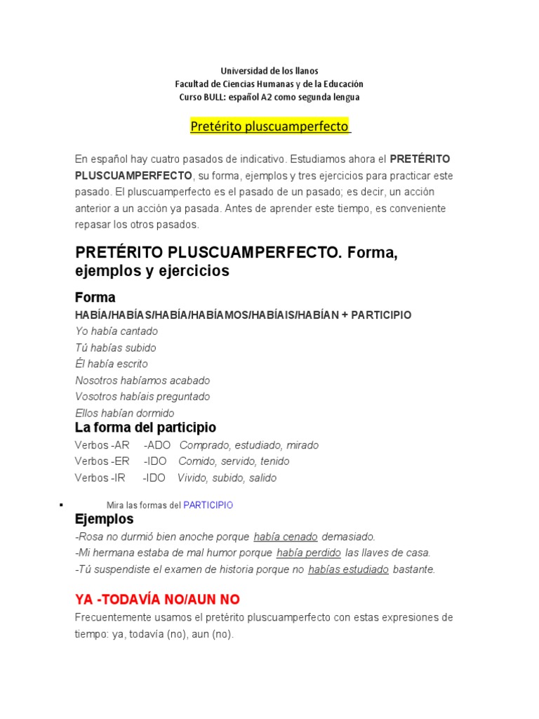 Préterito Pluscuamperfecto | PDF | Verbo