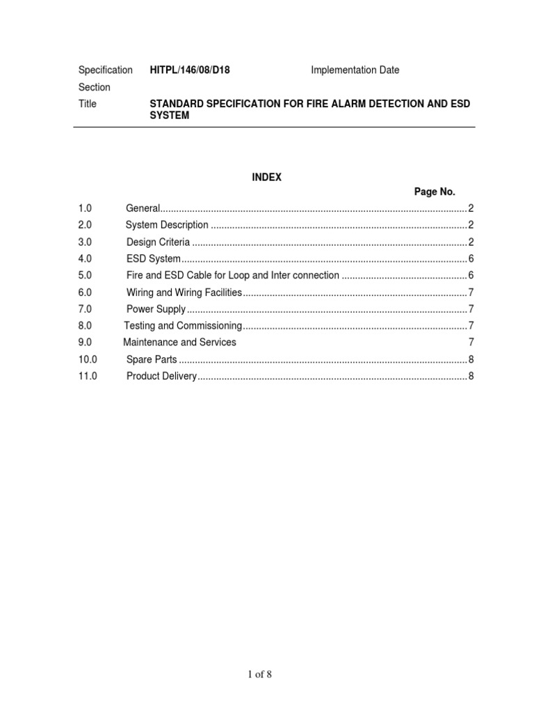 Fire Alarm Detection & ESD System Specs | PDF | Electrical Wiring | Sensor