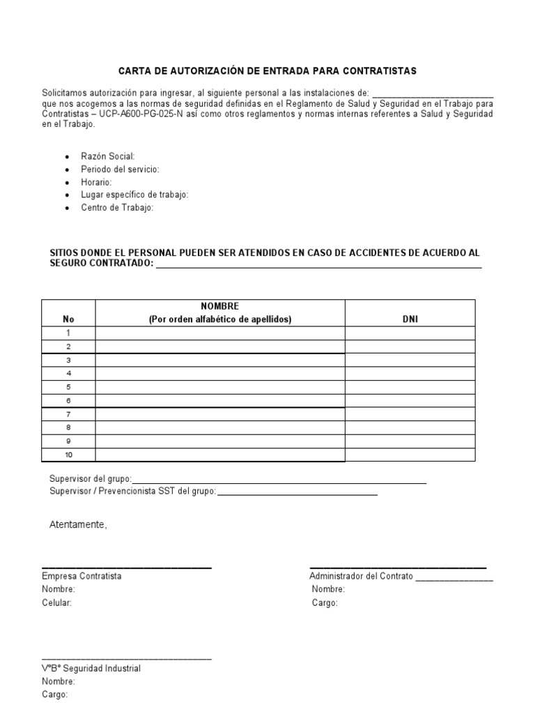 Carta de Autorización de Entrada para Contratistas | PDF