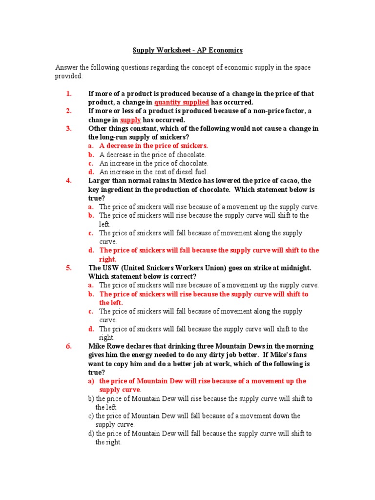 Supply Worksheet Key | PDF | Supply (Economics) | Supply And Demand