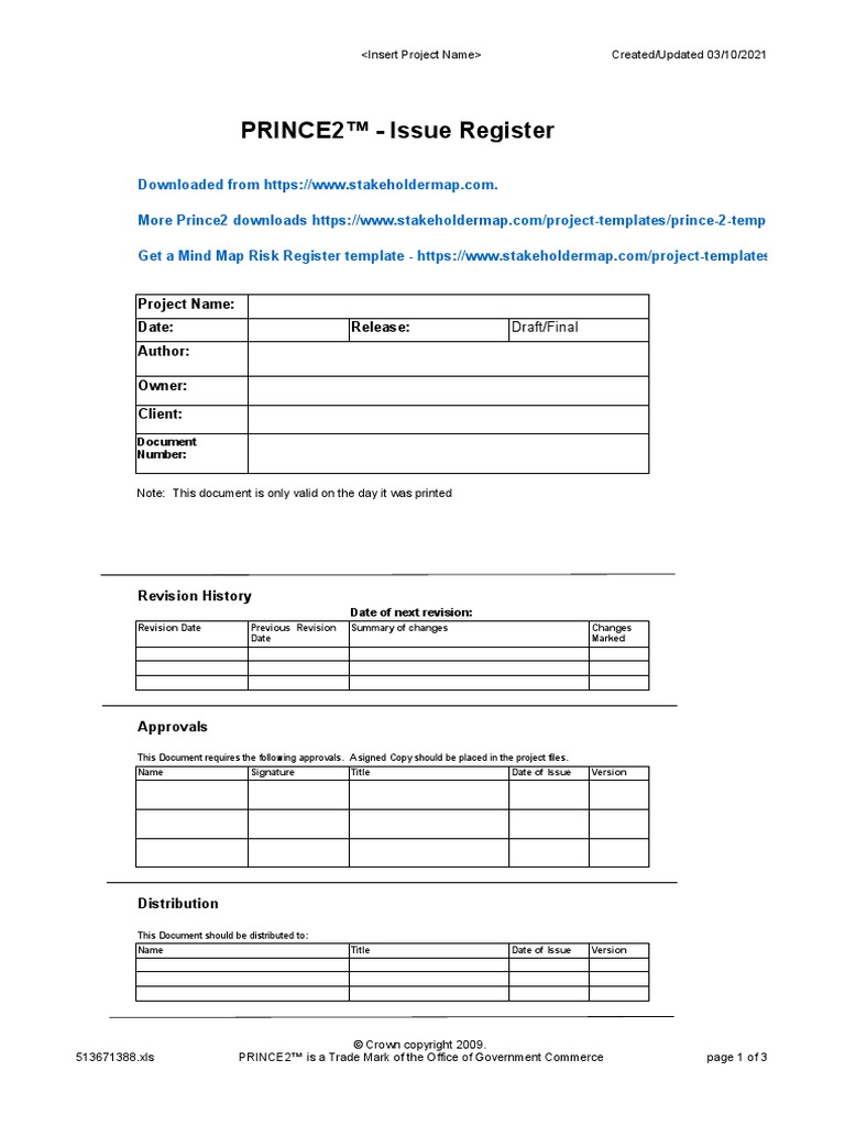 PRINCE2™ - Issue Register: Project Name: Date: Release: Author: Owner ...