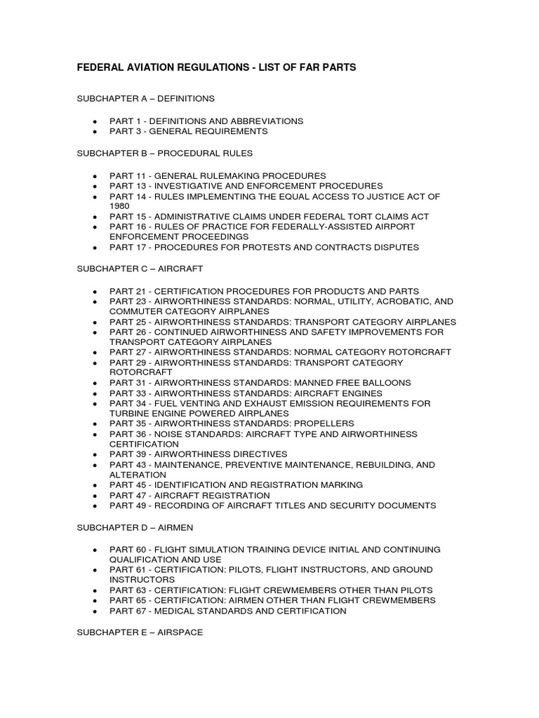 Federal Aviation Regulations - List of Far Parts | PDF | Aircraft ...