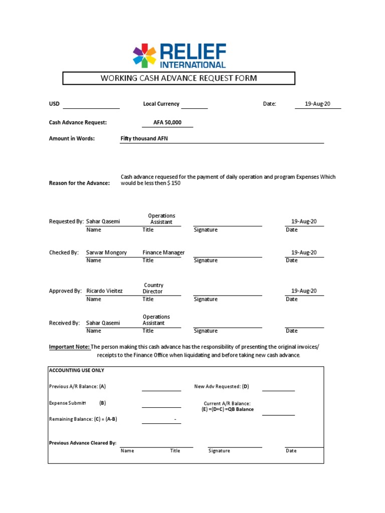 P02-Working Cash Advance Request Form | PDF | Payments | Receipt