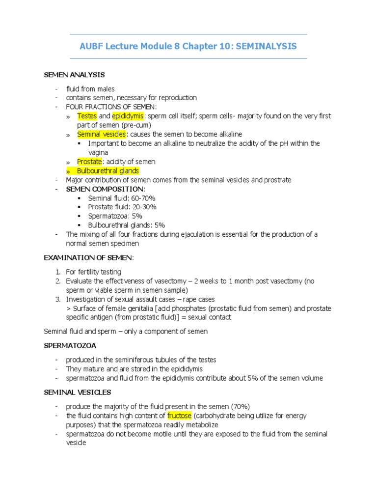 AUBF Lecture Module 8 Chapter 10: SEMINALYSIS: Semen Analysis | PDF | Semen | Sexual Anatomy