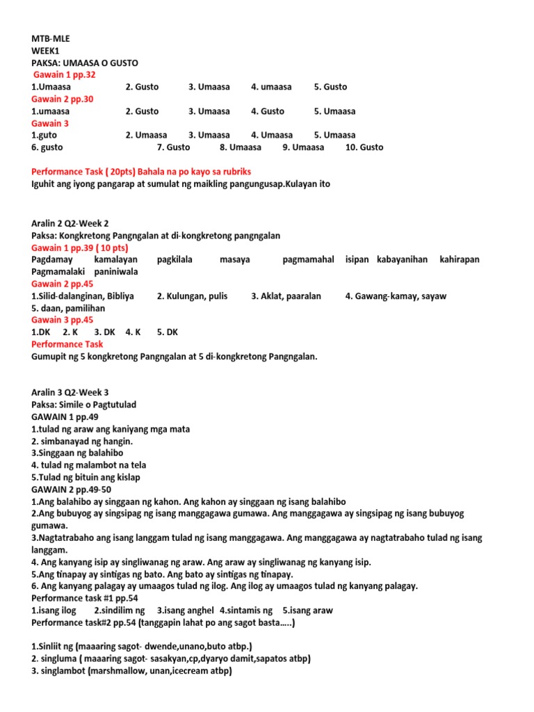 MTB MLE - Answer Keys | PDF