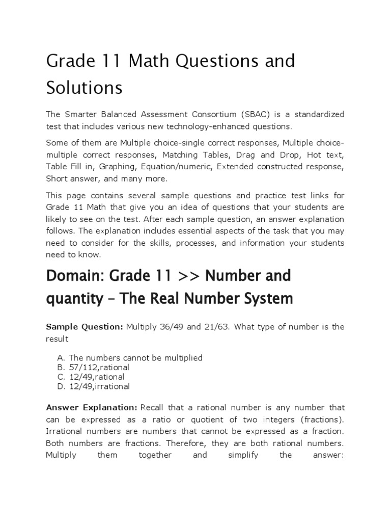 Grade 11 Math Questions and Solutions: Domain: Grade 11 Number and ...