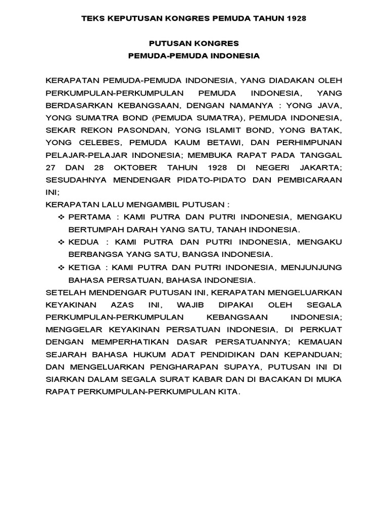Teks Keputusan Kongres Pemuda Tahun 1928 | PDF Teks Keputusan Kongres Pemuda Tahun 1928 | PDF