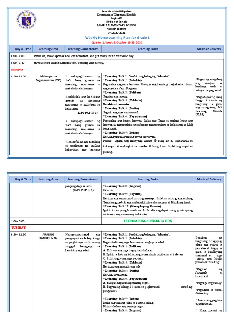 Grade 1 - All Subjects - WHLP - Q1 - W3 | PDF