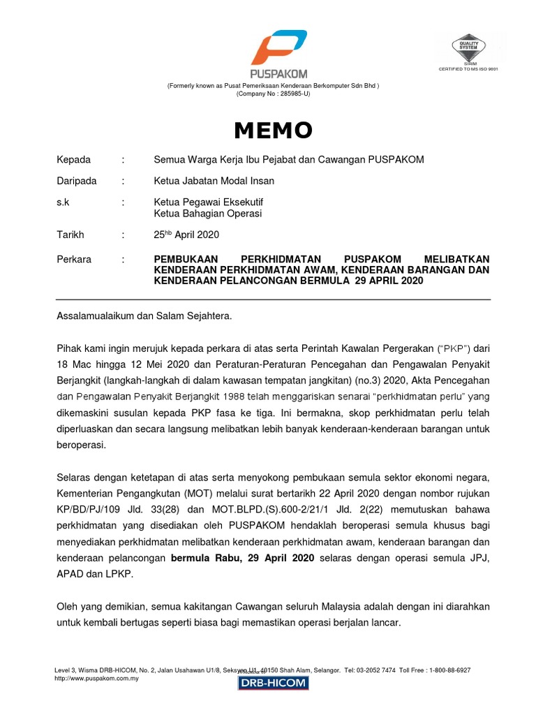 MEMO - Pengoperasian Semula PUSPAKOM Dalam Tempoh PKP 25 Apr 2020 | PDF