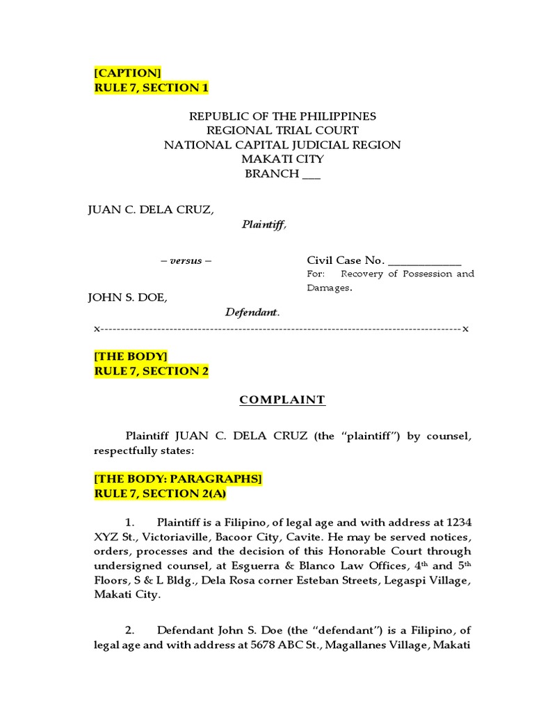 Sample Complaint Revised Rules - Rse Class | PDF | Damages | Lawsuit
