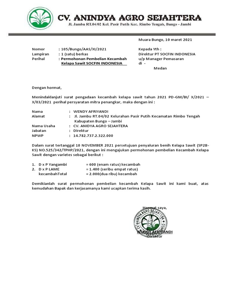 Surat Cv. Anindya | PDF