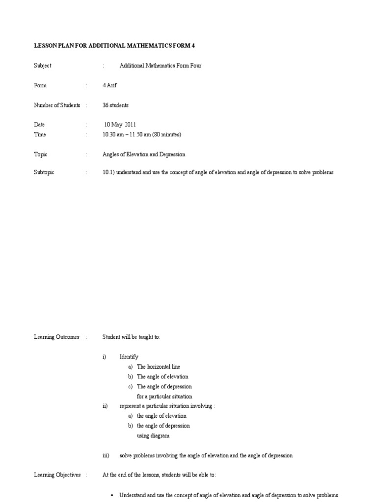 Angles of Elevation and Depression - Lesson Plan | PDF | Trigonometric ...