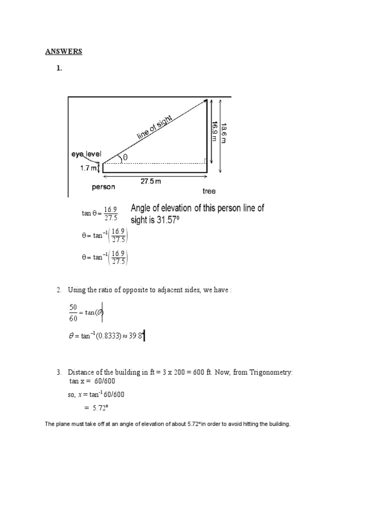 Angles of Elevation and Depression - Answers | PDF