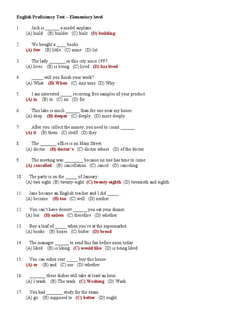 English Proficiency Test: Elementary Level | PDF | Business