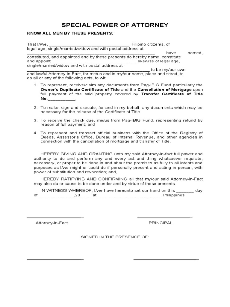 Pag-IBIG Special Power of Attorney Form | PDF | Power Of Attorney ...