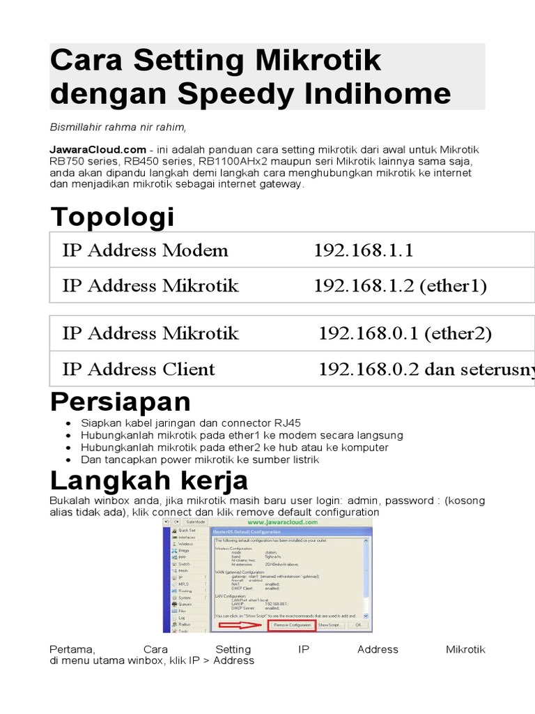 Cara Setting Mikrotik Dengan Speedy Indihome | PDF