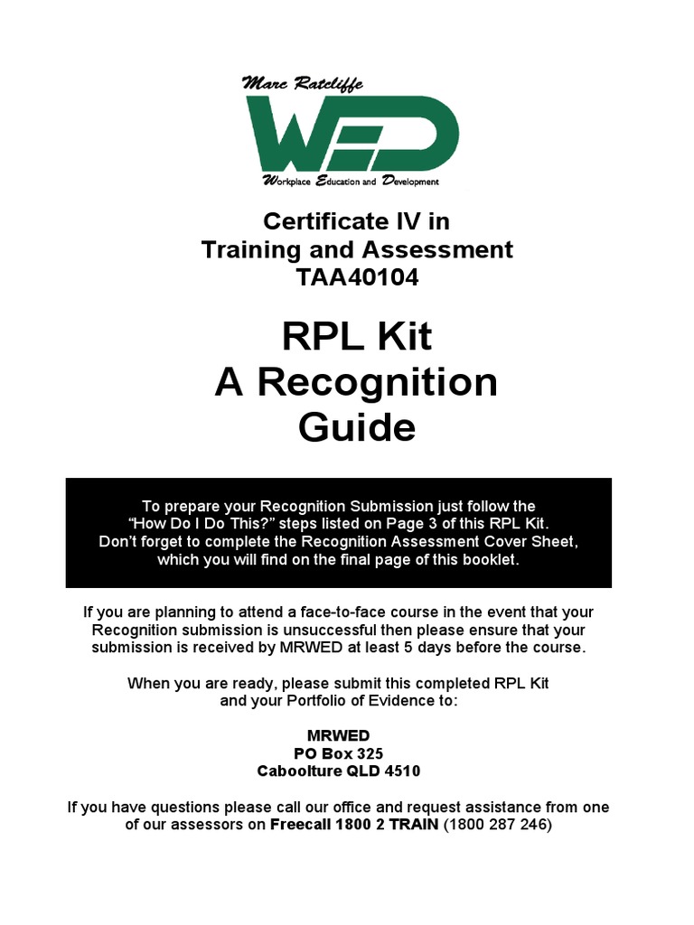 RPL Kit A Recognition Guide: Certificate IV in Training and Assessment ...