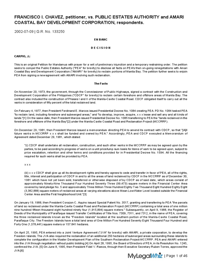 09 - 2002 - Chavez Vs Public Estate Authority (PEA-AMARI) 384 SCRA 152 ...