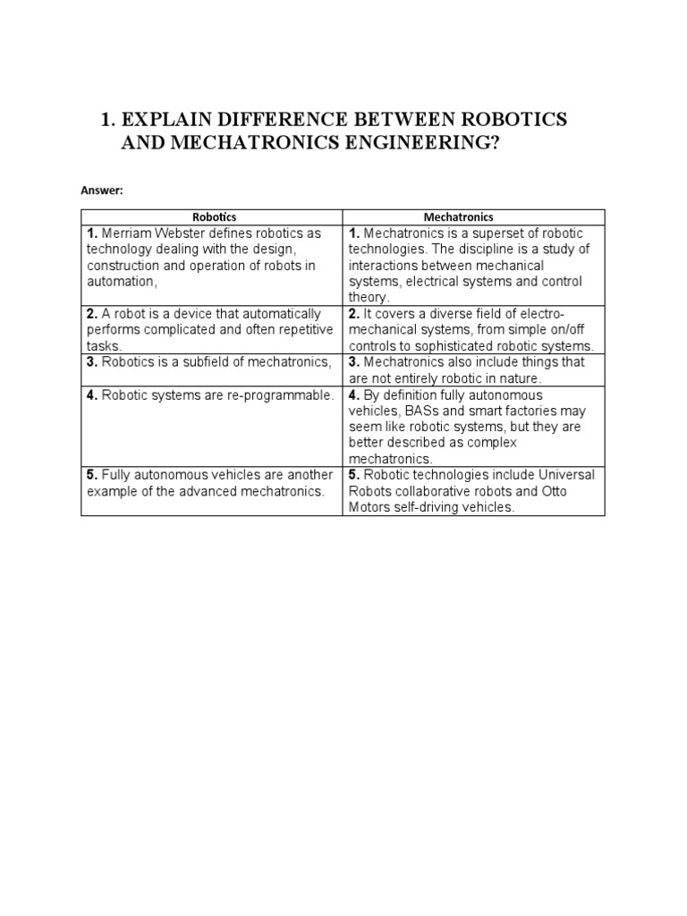 Explain Difference Between Robotics and Mechatronics Engineering | PDF