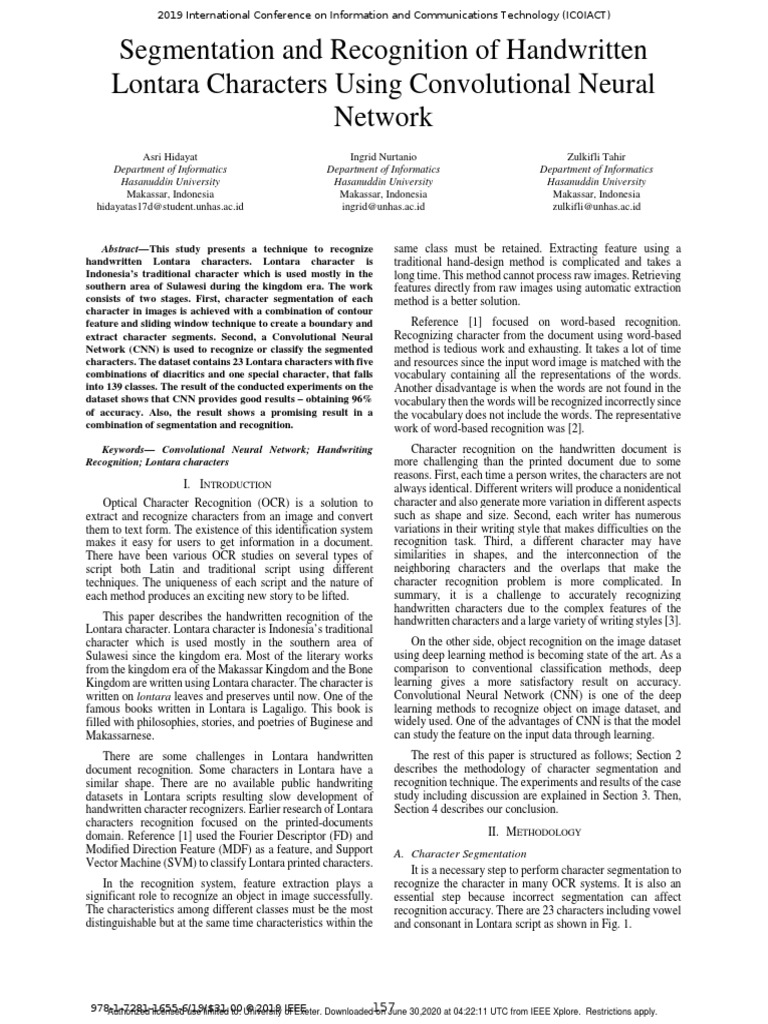 Segmentation and Recognition of Handwritten Lontara Characters Using Convolutional Neural ...