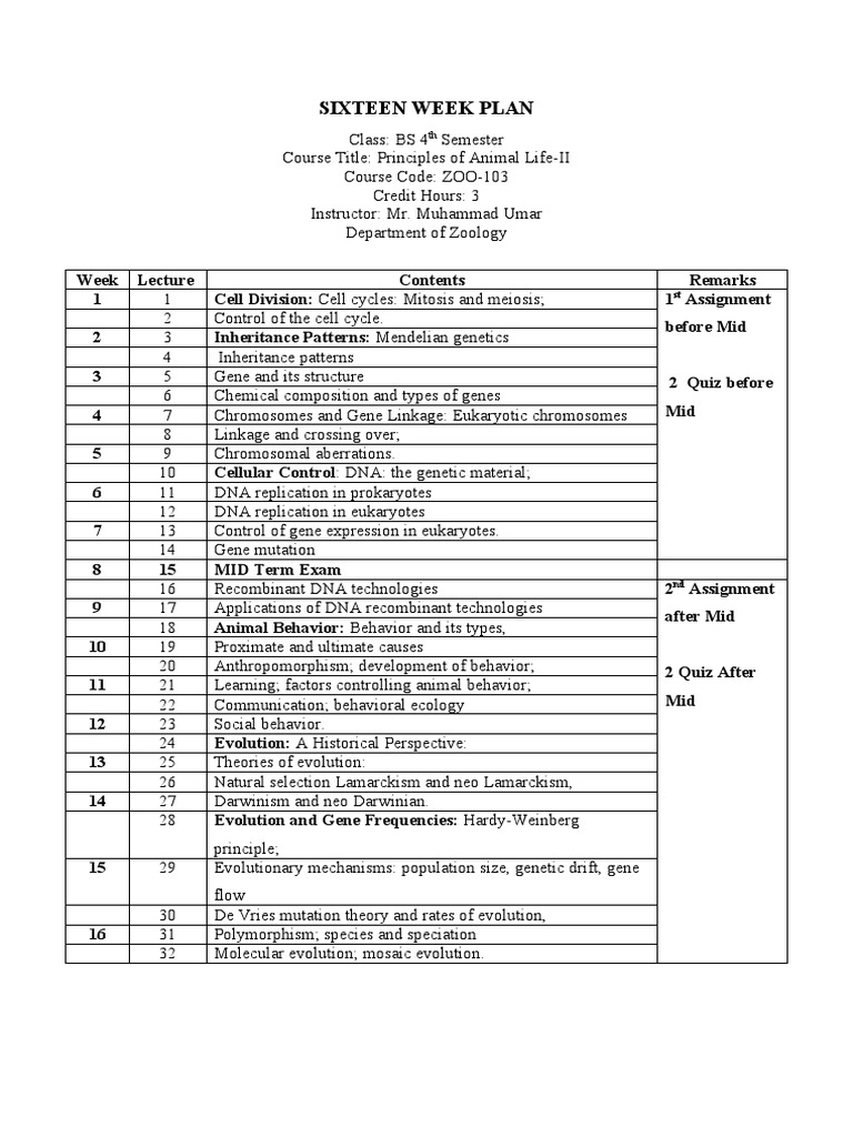 ZOO-103 Principles of Animal Life Plan | PDF | Gene | Evolution