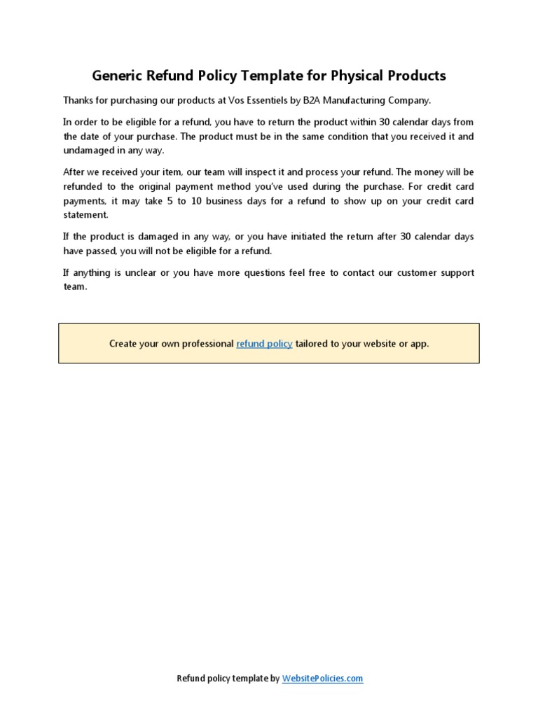 Generic Refund Policy Template For Physical Products | PDF | Finance ...