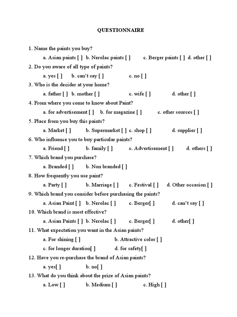 Asian Paints Questionnaire | PDF