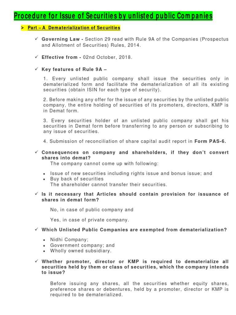 Process To Issue Shares by Unlisted Public Company | PDF | Securities ...