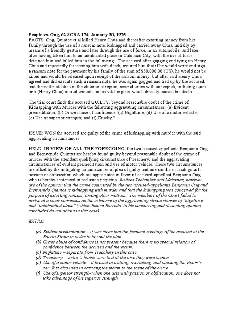 (DIGEST) People vs. Ong, 62 SCRA 174, January 30, 1975 | PDF | Murder ...