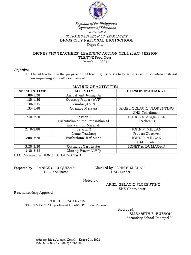 Matrix of Activities For Lac Session | PDF | Education Theory | Pedagogy