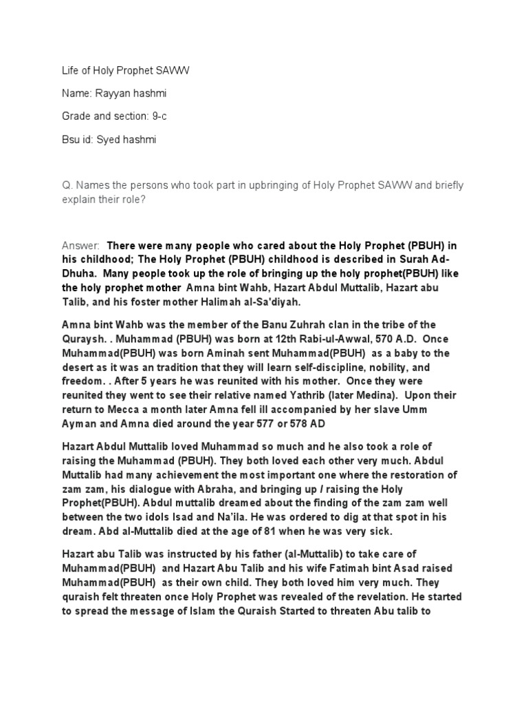 Life of Holy Prophet SAWW Name: Rayyan Hashmi Grade and Section: 9-c ...