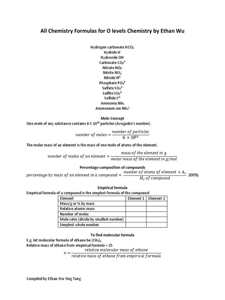 All Chemistry Formulas For O Levels Chemistry by Ethan Wu: Mole Concept ...