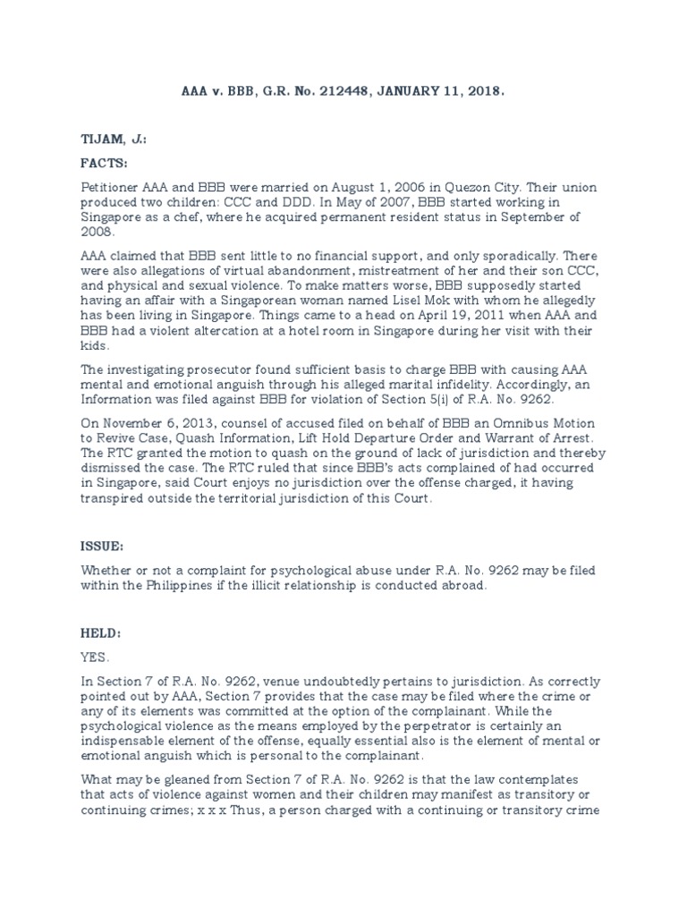 AAA v. BBB (G.R. No. 212448) Case Digest | PDF | Crime & Violence | Crime Thriller