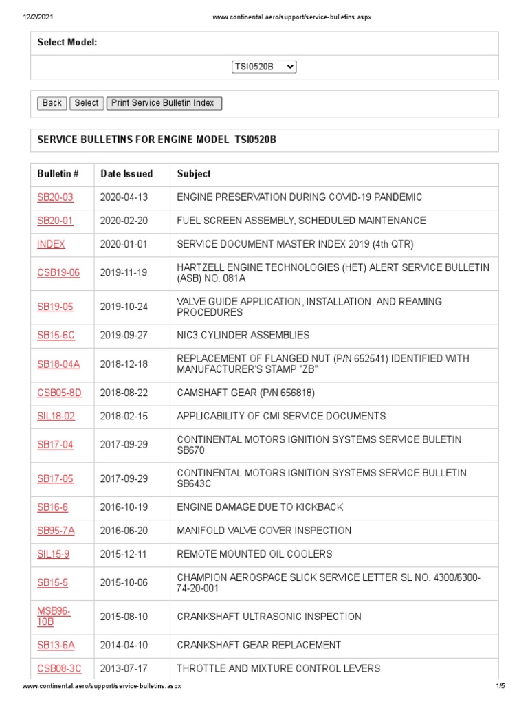 Continental Engine Service Bulletins for Model TSI0520B | PDF ...