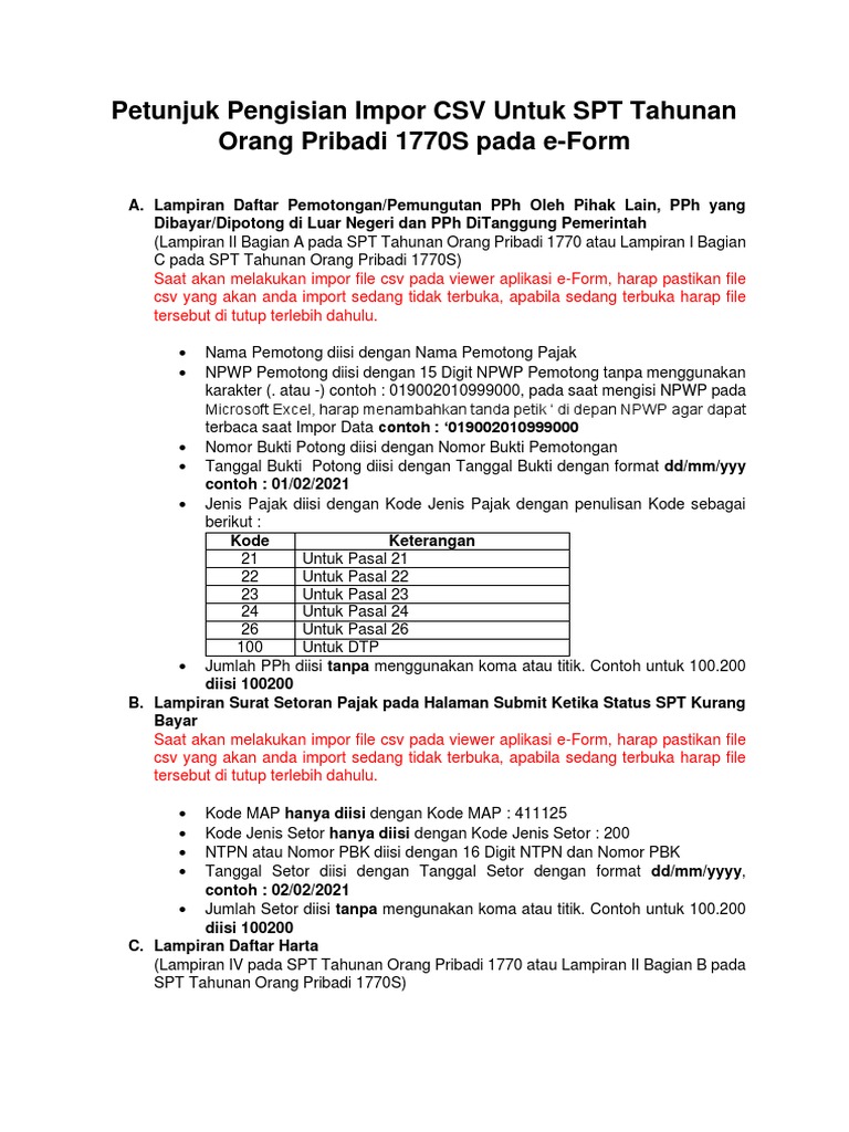 Petunjuk Pengisian Impor CSV Untuk SPT Tahunan Orang Pribadi 1770S ...