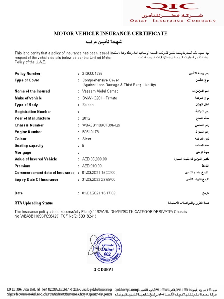 Comprehensive Motor Vehicle Insurance Certificate for a 2012 BMW 320 I ...
