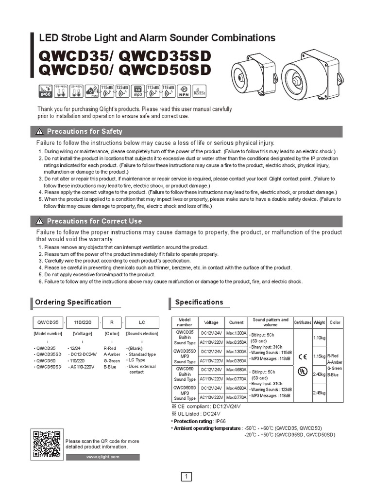 Qwcd35/ Qwcd35Sd Qwcd50/ Qwcd50Sd: LED Strobe Light and Alarm Sounder ...