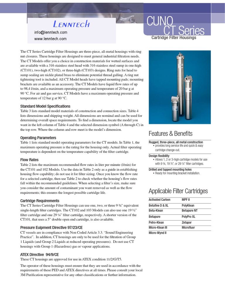 CUNO CT Series Cartridge Filter Housings | PDF | Filtration | Stainless ...