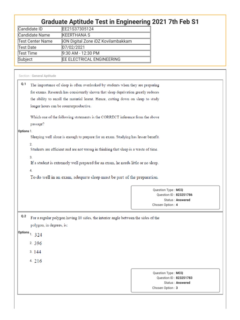 Gate 2021 Response Sheet | PDF