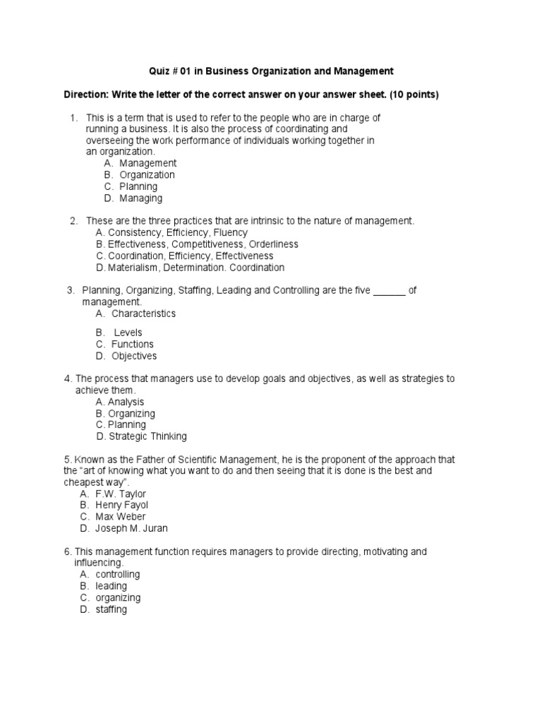 Business Management Quiz Answers | PDF | Career & Growth | Business