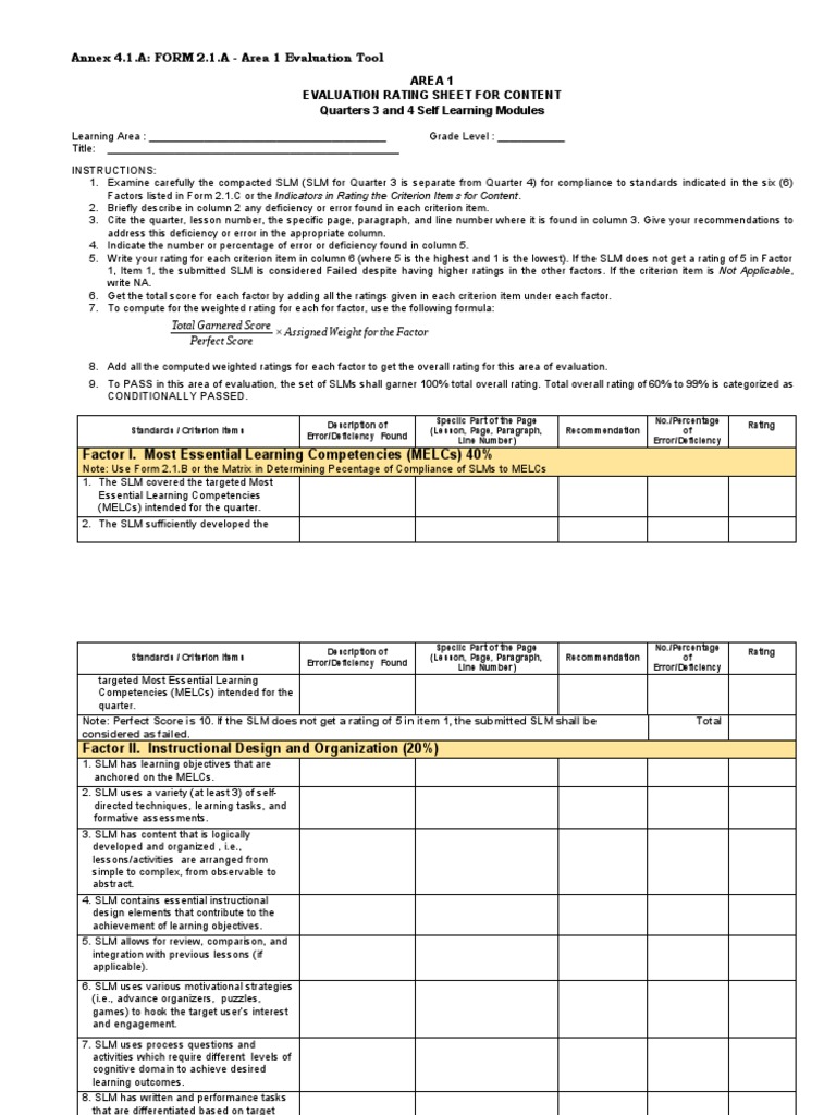Annex 4.1.A: FORM 2.1.A - Area 1 Evaluation Tool Area 1 Evaluation ...