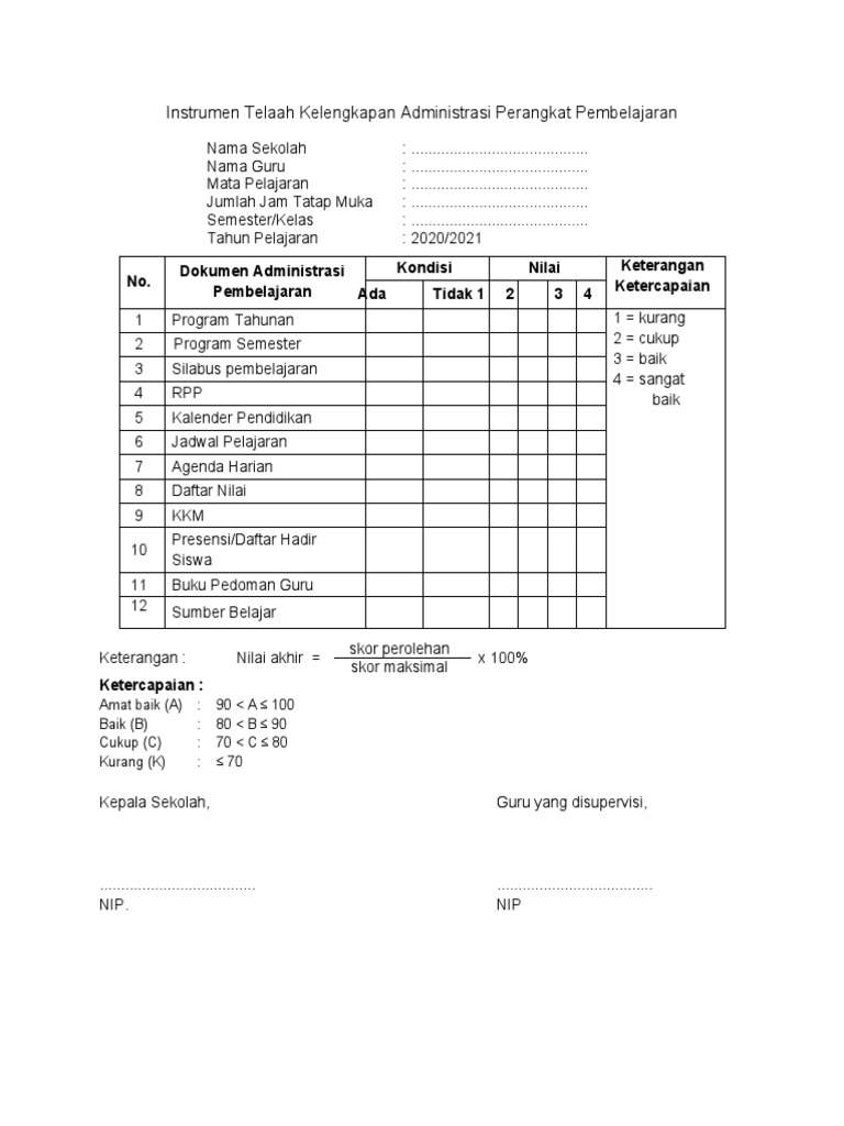 Instrumen Telaah Kelengkapan Administrasi Perangkat Pembelajaran | PDF