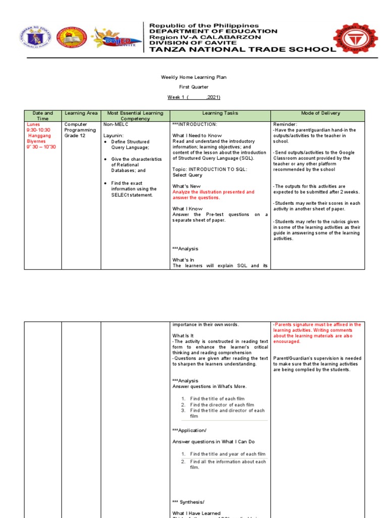 WHLP Comprog Week 1 | PDF | Sql | Reading Comprehension