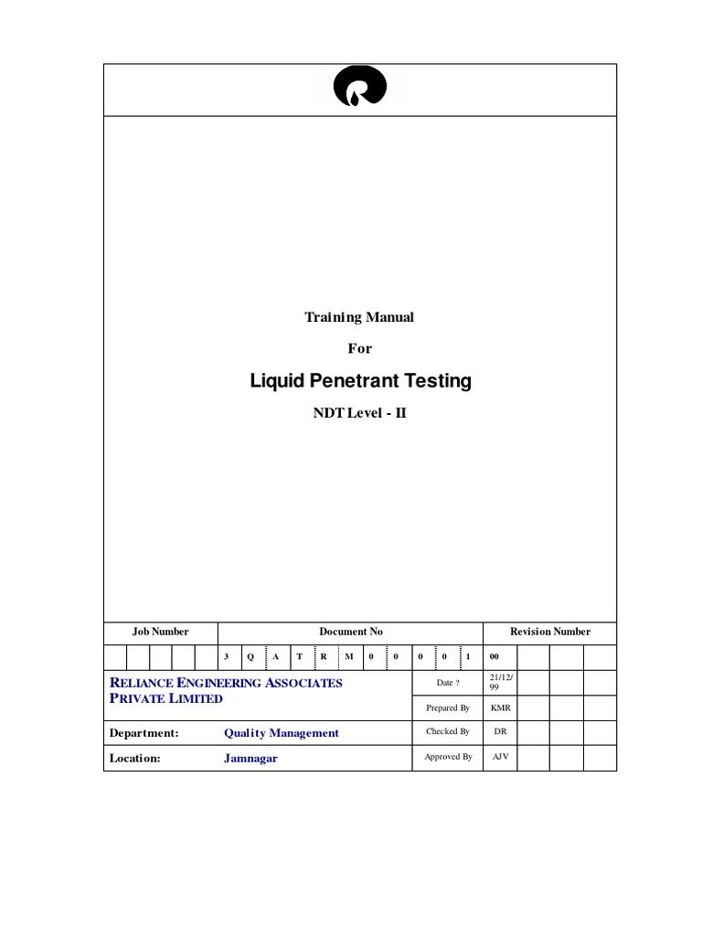 Liquid Penetrant Testing: Training Manual For | PDF | Nondestructive ...