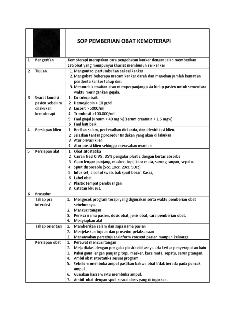 Sop Pemberian Obat Kemoterapi | PDF