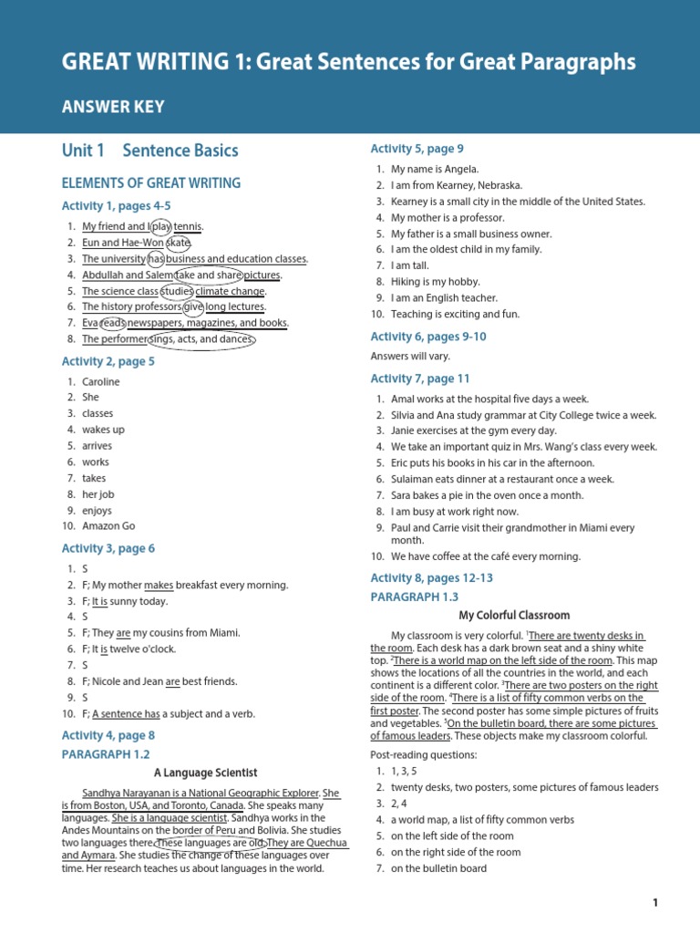 GREAT WRITING 1: Great Sentences For Great Paragraphs: Unit 1 Sentence ...